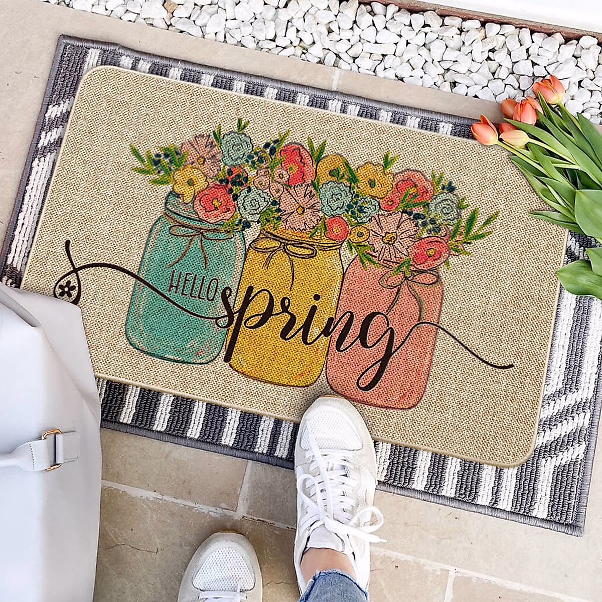 Artoid Mode Vase Hello Spring Doormat, Seasonal Spring Summer Easter Holiday Anniversary Low-Profile Yard Floor Switch Mat for Indoor Outdoor 17 x 29 Inch