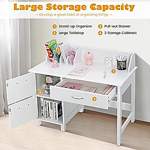 Costzon Kids Desk and Chair Set, Children Wooden School Learning Table w/Drawer & Storage Cabinets, Student Writing Computer Workstation for Bedroom & Study Room, Gift for Ages 3-8 (White)