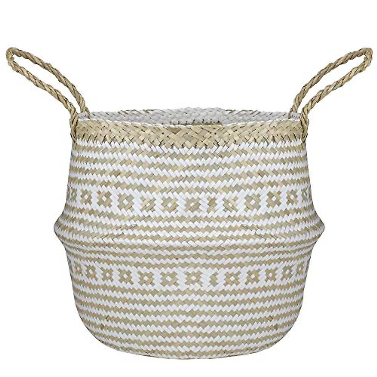 Northlight 17" Beige and White Large Seagrass Belly Basket with Handles