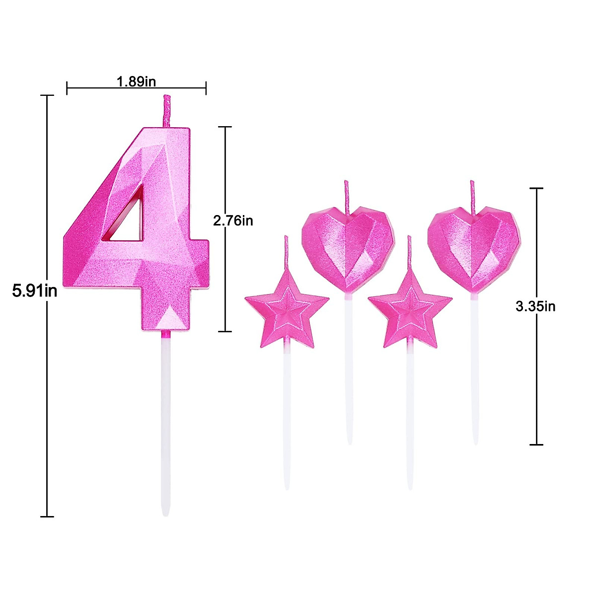 Pink Number 4 Candles and Star Heart Candles 2.76 inch Number Candles for Birthday Cakes 3D Diamond Shaped for Cake Decorations(Pink Candle 4)