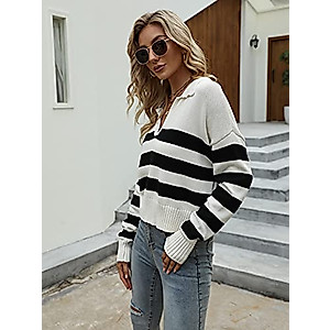SheIn Women's Casual Long Sleeve Knit Sweater V Neck Striped Pullover Jumper Tops Black White XS