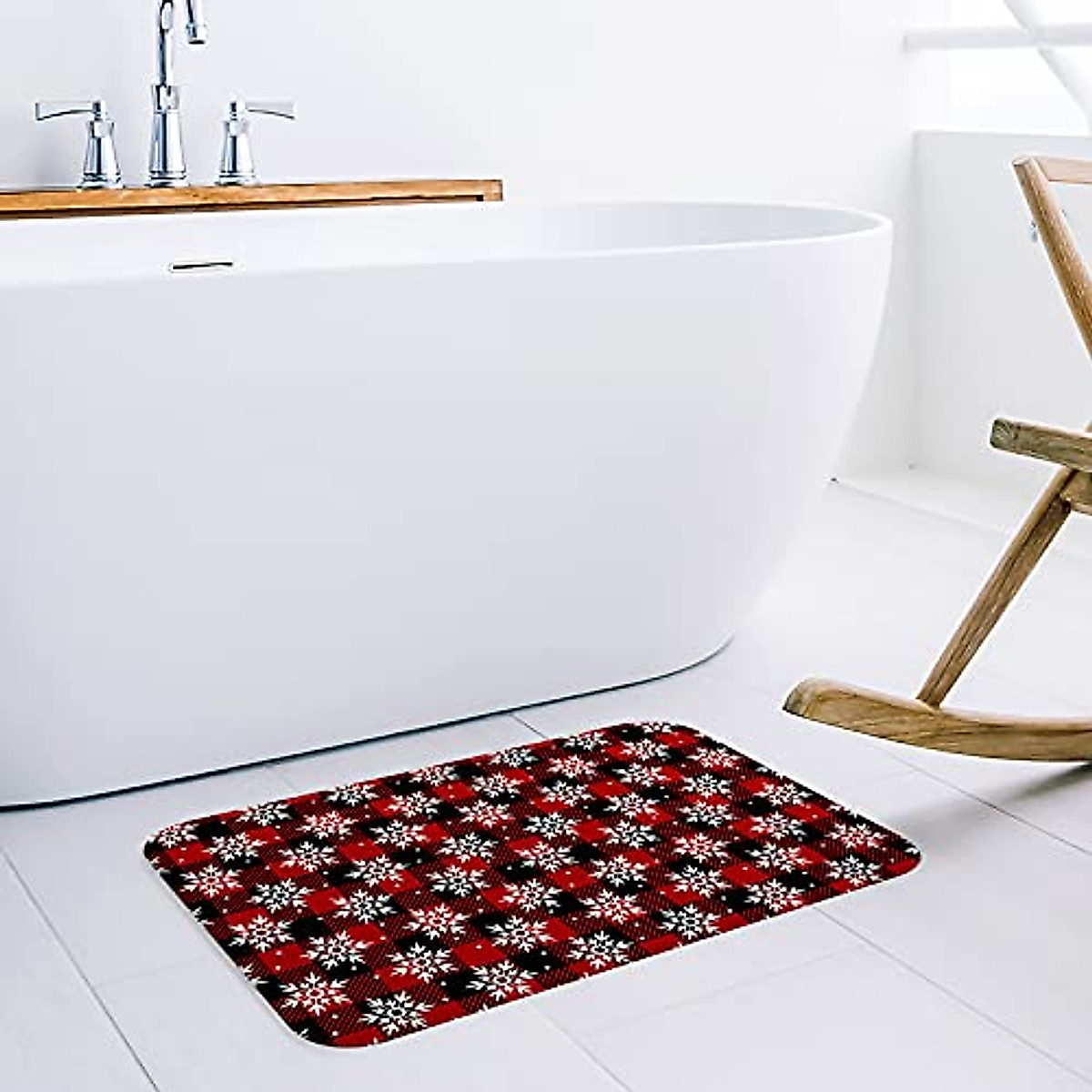 Christmas Bath Rugs White Snowflake Sponge Doormat Absorbent Non Slip Backing Durable Soft Flannel Mat Red Buffalo Plaid Checkered Christmas Memory Foam Mats Carpet for Bathroom Kitchen 16 x 24 inches
