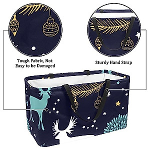 KQNZT Reusable Grocery Bags, Large Foldable Reusable Shopping Tote Bags Bulk for Groceries, Waterproof Kitchen Cloth Produce Bags with Long Handles, Christmas Elk Snowflake Feather
