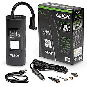 Slick Products Portable Digital Tire Pressure Gauge, Air Compressor, Tire Inflator up to 140 PSI with Rechargeable Battery, Flashlight, Emergency Blinker, and Power Bank (1), Black