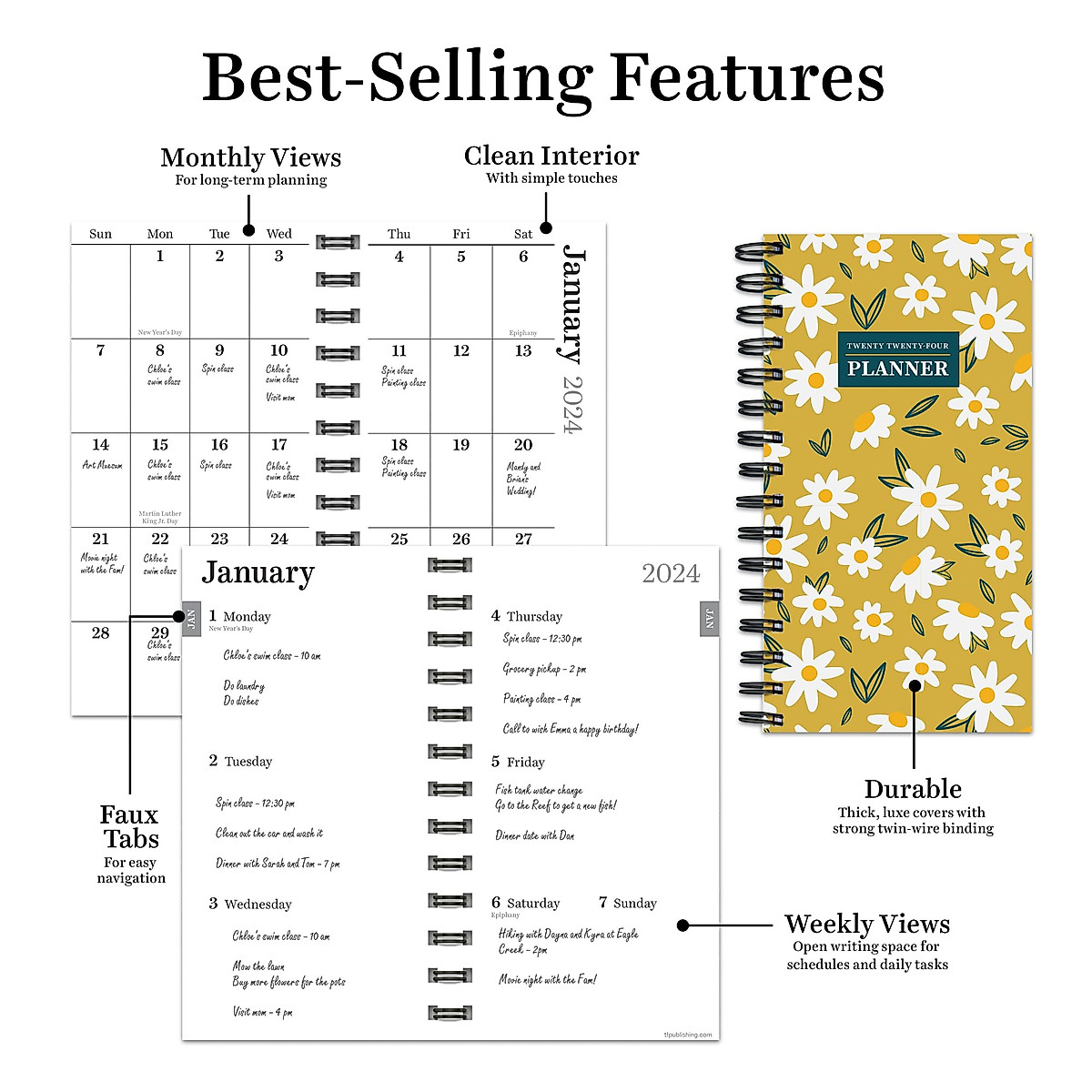 TF PUBLISHING 2024-2025 Daisy Days 2-Year Small Monthly Pocket Planner | 2-Page Large Calendar Grid and Lined Notes Section in Back | Monthly Day Planner for Purse | 3.5" x 6.5"
