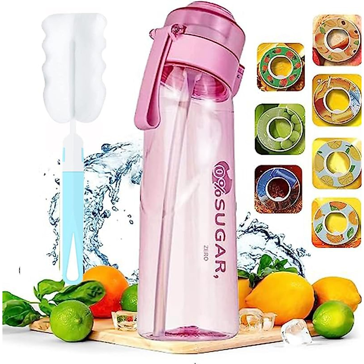 Air Up Water Bottle, 650ML Fruit Fragrance Water Bottle with 4/7 Air Up Flavour Pods, 0% Sugar Water Cup BPA Free, Sports Water Cup Suitable for Gym and Outdoor Sports (Pink+7 Pods+Brush)