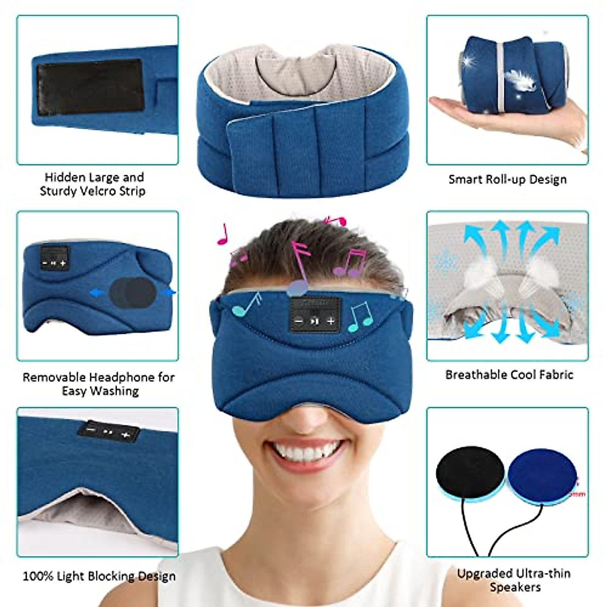Bluetooth Sleep Mask with 24 White Noise, Ultra-Thin Speaker Cold Pack Blockout Bluetooth Eye Mask Sleep Headphones for Side Sleepers, Airplane, Travel, Cool Gadgets for Women Man (Blue)
