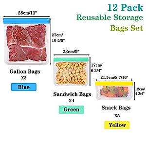 12 Pack Reusable Ziplock Bags Silicone, BPA Free Reusable Freezer Bags, Leak-proof Reusable Food Storage Bags for Lunch Juice Milk Meat Fruit Veggies (3 Gallon & 4 Sandwich & 5 Sandwich Bags)