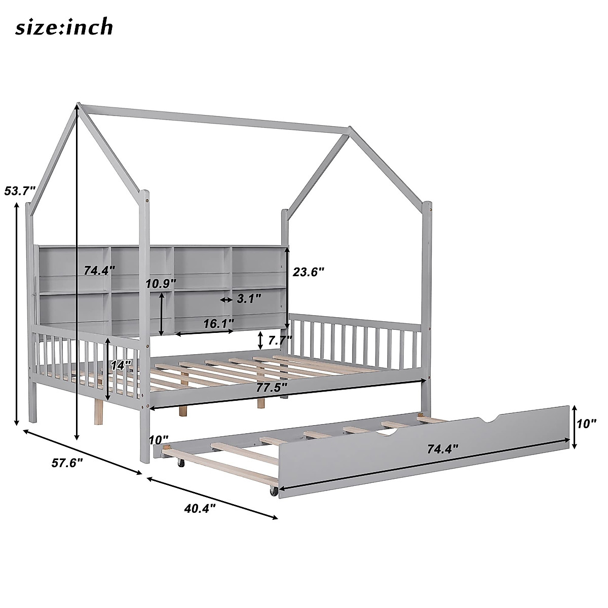 Merax Full Size Wooden House Bed,Solid Wood Full Bed Frames with Trundle and Shelf,Kids House Bed,Gray