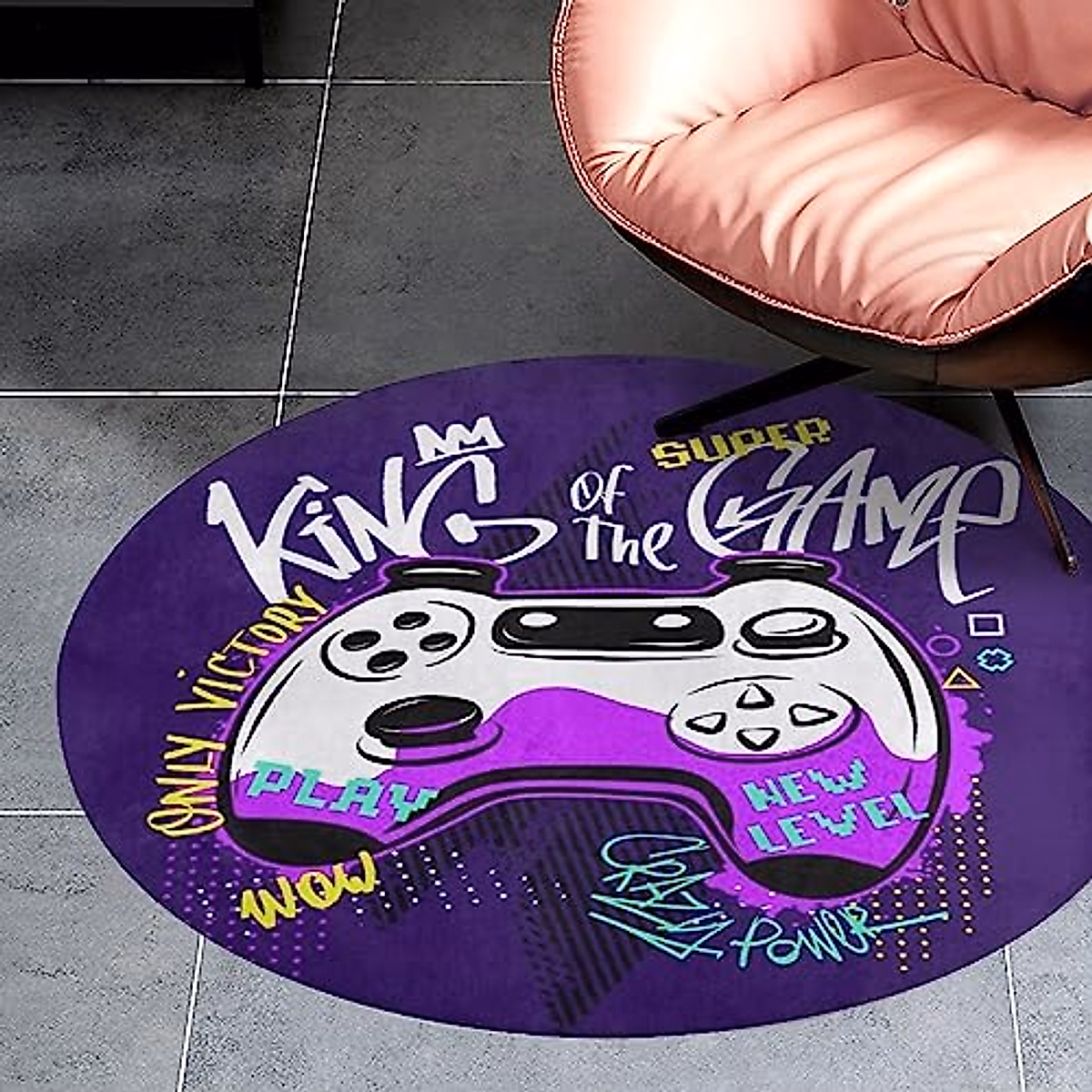 HoaMoya Cool Game Joystick Round Area Rug Purple Game Doodle Circle Rug Carpet Large Circular Rugs Non-Slip Mat for Kitchen Living Room Bedroom Decoration 90 * 90cm