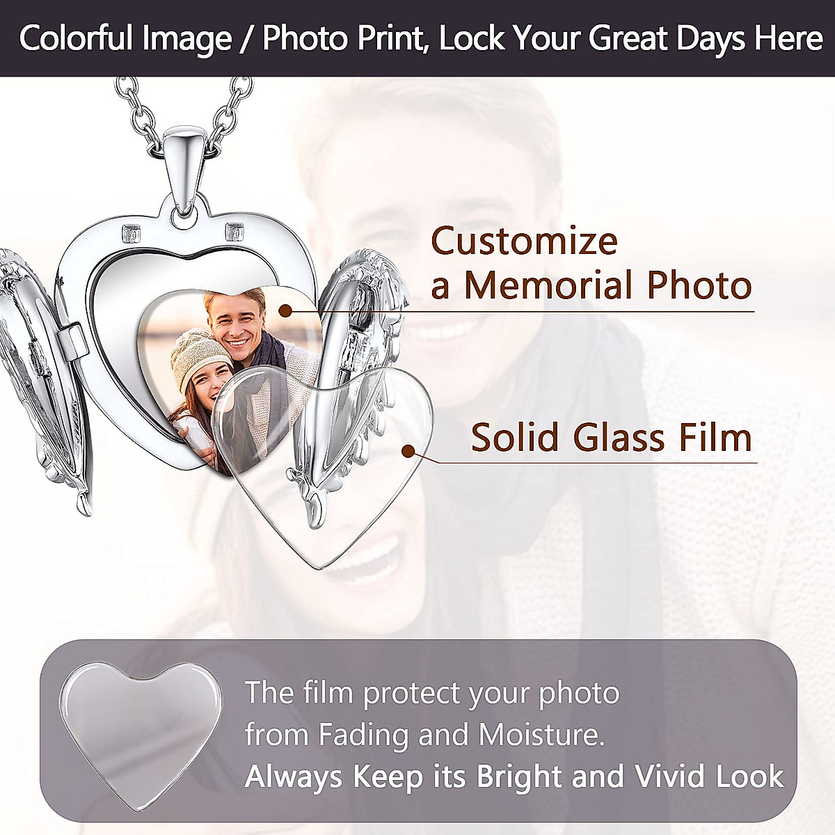 SILVERCUTE Heart Locket Necklace that Holds Pictures Customized Platinum Plated Guardian Angel Wings Photo Lockets Pendant for Women Men