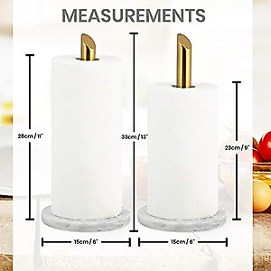 ROOMOXIE Marble Paper Towel Holder Stand Angled Golden Steel Rod with Natural White Marble Base, Paper Towel Holder countertop 13 inch - Heavy Duty Weighted Paper Towel Holder