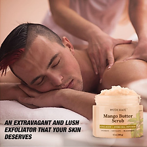 Mango Butter Body Scrub with Collagen and Stem Cells 12 oz - Exfoliating Salt Scrub for Cellulite - Deep Cleansing for Acne, Scars, Wrinkles - Moisturizes Skin