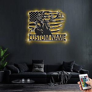 HUSSIO Custom US Elk Deer Metal Wall Art With LED Light, Personalized Elk Deer Name Sign Decoration For Room, Elk Deer Metal LED Decor, Elk Deer (Metal Sign 1)
