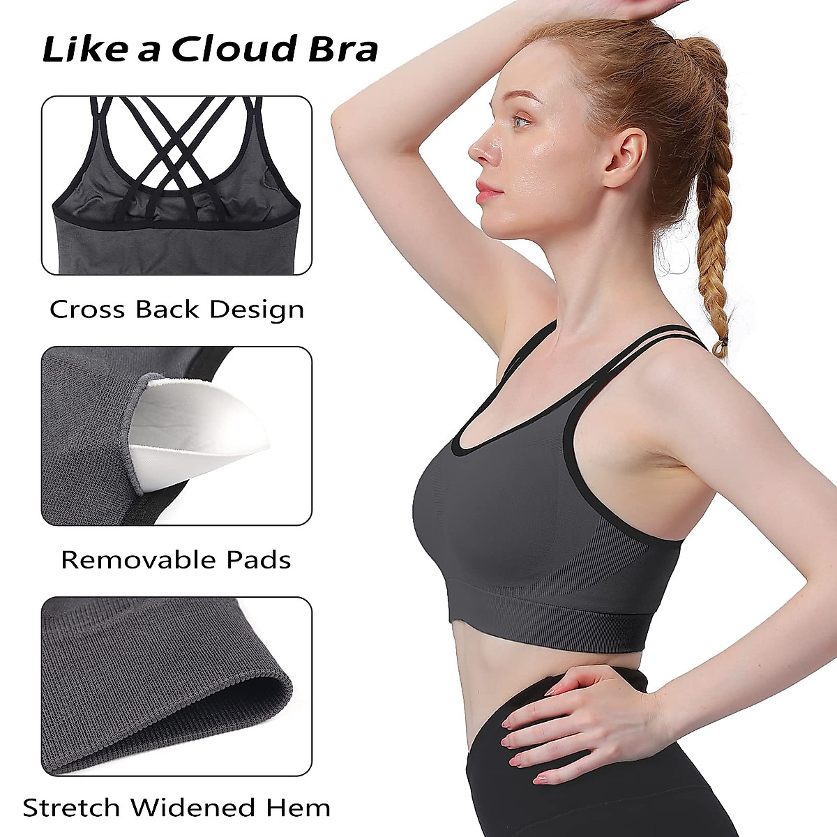 WOYYHO Padded Strappy Sports Bras for Women Comfortable Seamless Yoga Bra for Activewear 3 Pack