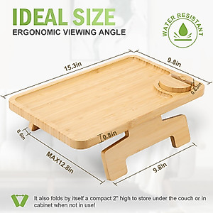 Couch Arm Table Tray, Bamboo Sofa Arm Tray Clip on Side Table with 360° Phone Holder, Foldable Couch Tray for Eating,Drinking,Snacks,Coffee,TV,Remote
