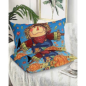 Edwiinsa Fall Scarecrow Pillow Covers King Standard Set of 2 Bed Pillow, Autumn Pumpkin Maple Leaves Blue Plush Soft Comfort for Hair/Skin Cooling Pillowcases with Envelop Closure 20''x36''