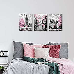 CANVASZON Black and White Canvas Wall Art for Living Room Bedroom Bathroom Girls Pink Paris Theme Room Decor Oil Painting Print London Big Ben Tower Eiffel Painting for Wall Decor Pink