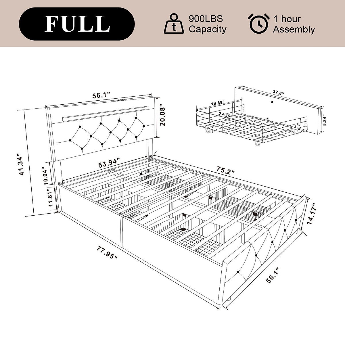 Benevika Full Size Bed Frame with 4 Drawers and LED Light, Charge Station, PU Leather Upholstered Platform Storage Bed with Adjustable Headboard, Wooden Slats Support, No Box Spring Needed, White