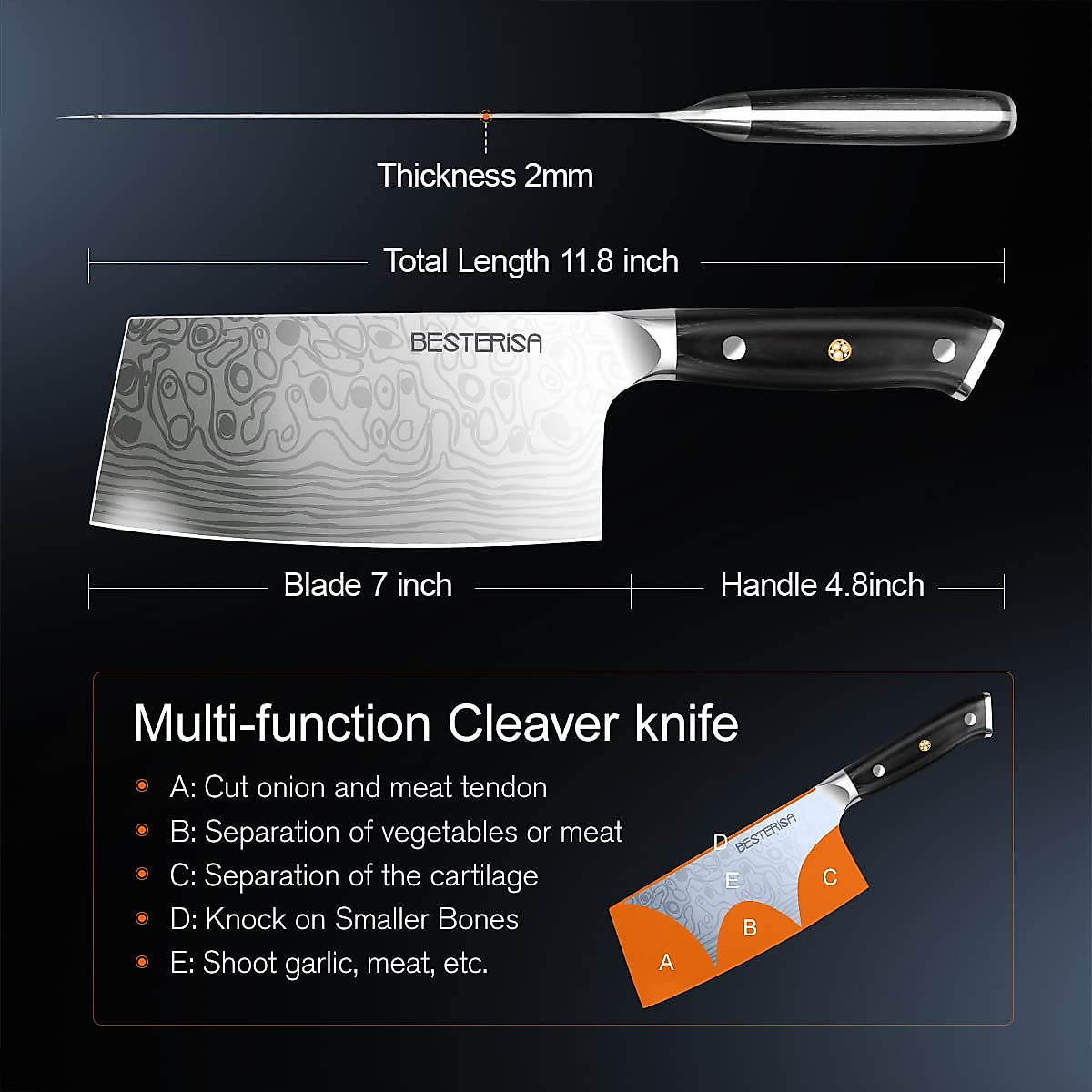 BESTERiSA Cleaver Knife - 7 Inch Meat Cleaver Butcher Knife - High Carbon German Stainless Steel EN1.4116 Ultra Sharp Vegetable and Meat Butcher Knife with Finger Guard for Home Kitchen and Restaurant