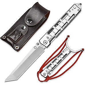 NedFoss Pocket Knife, 8'' Tanto Hunting Folding Knife with Glass Breaker, Slingshot, Pocket Clip, Survival Knife for Emergency Rescue Situations, Home Improvements, Cool Knives for Men (Sliver)