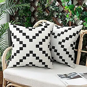 JASEN Outdoor Waterproof Boho Throw Pillow Covers, Black and White Geometric Decorative Pillow Cases for Patio Garden, Set of 2 18X18