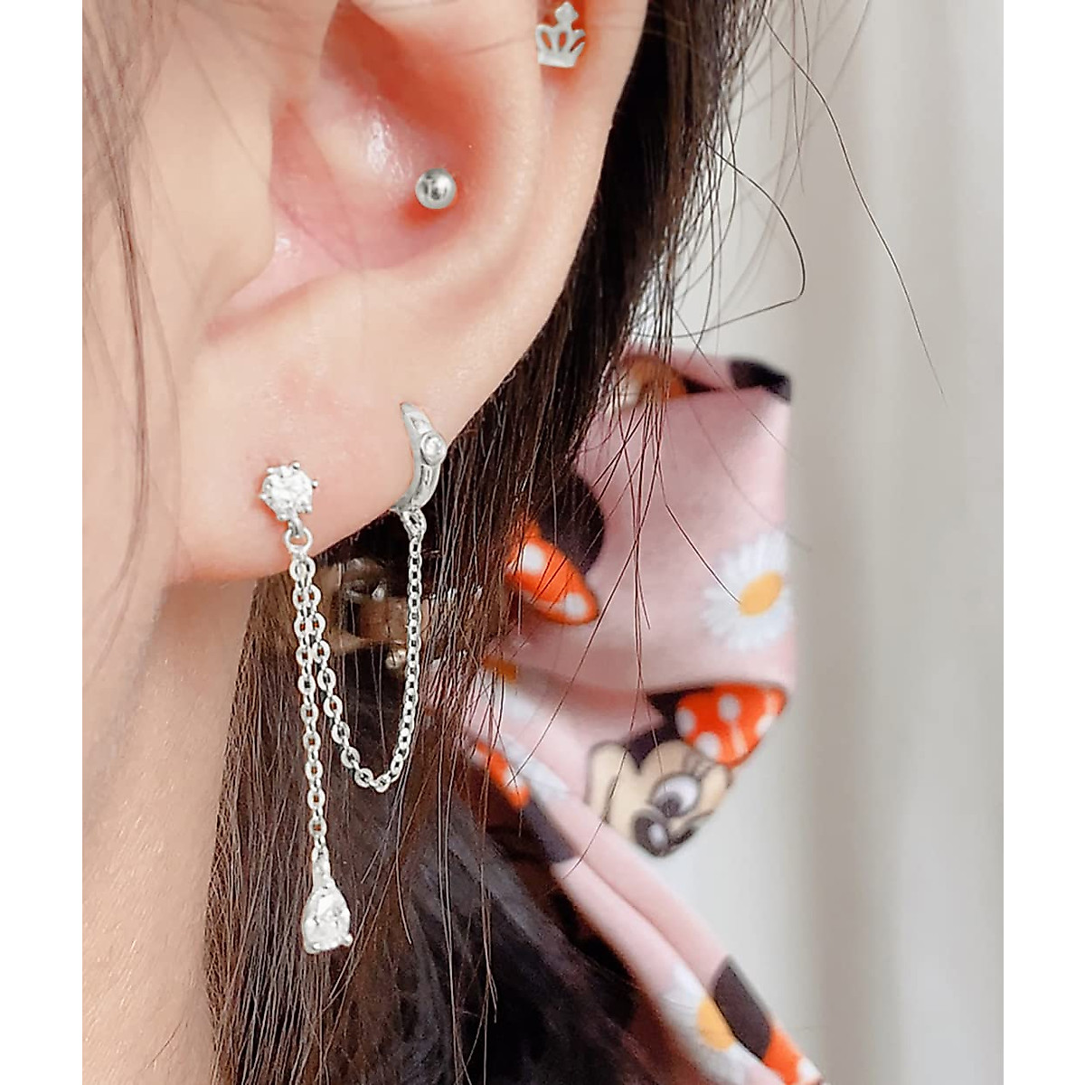 SLUYNZ 925 Sterling Silver Double Piercing Earrings Huggie Cuff Droplet Chain for Women Teens Double Holes Dangle Earrings Cartilage Helix Piercing Earrings Chain (A-Silver)