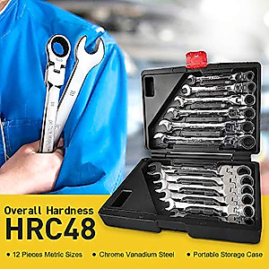 AZUNO 12-Piece Flex-head Ratcheting Wrench Set, Metric Ratchet Spanner Set 8-19mm, Chrome Vanadium Steel with Deluxe Case