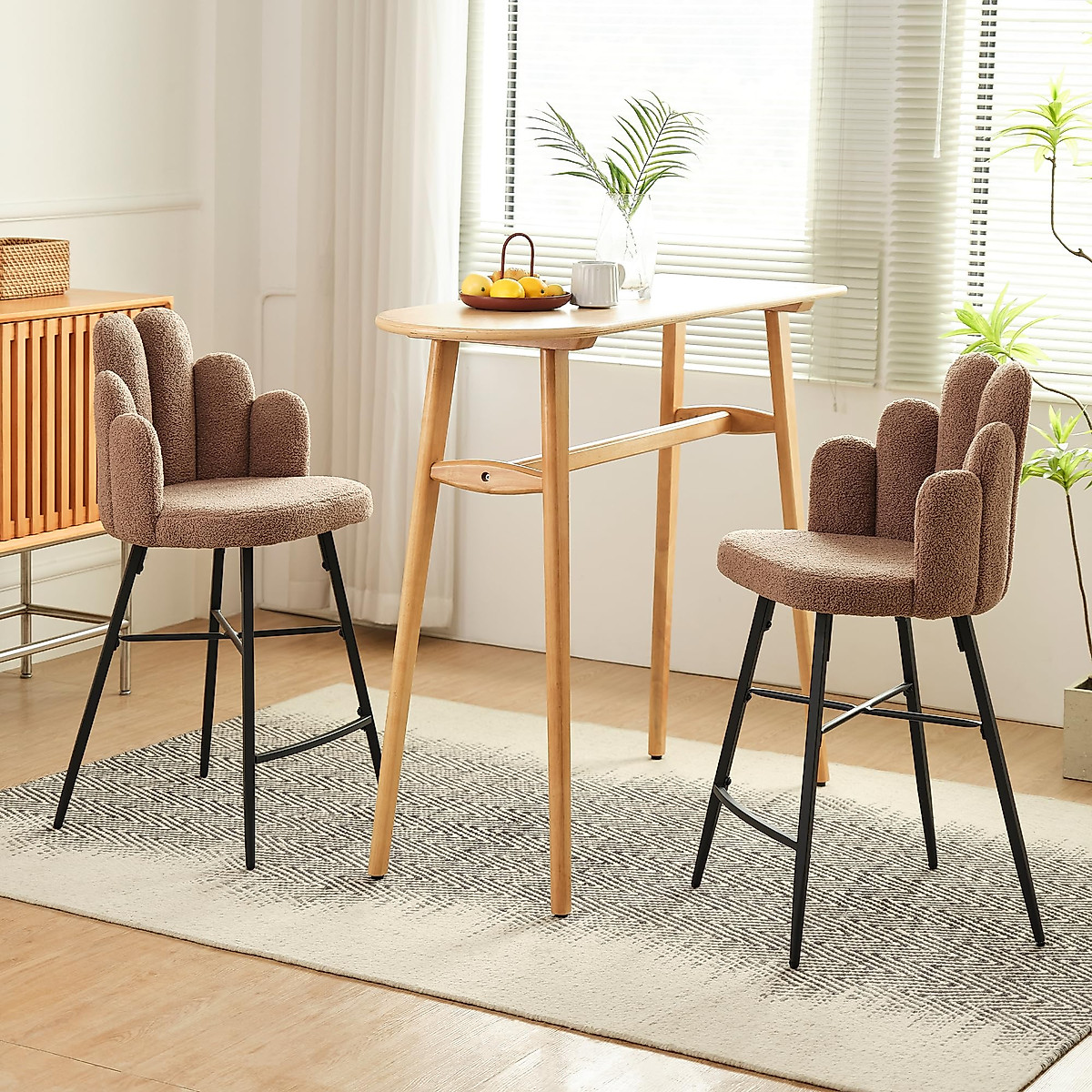 RHYNZEE 26 inch Bar Stools Set of 2, Boucle Fabric Modern Counter Height Bar Stools with Back and Black Metal Legs, Sherpa Upholstered Kitchen Island Chair for Home Kitchen Bistro Coffee Shop (Brown)