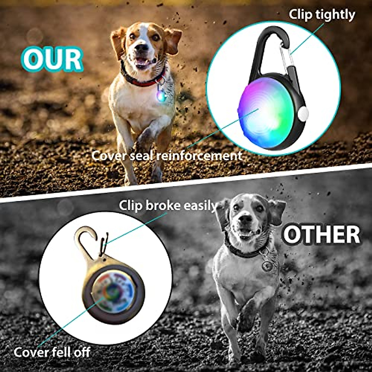 Dog Collar Lights for Night Time, 4 Modes Dog Collar Light Rechargeable Led Light for Dog Collar, IP68 Waterproof Dog Light for Night Walking, Safety Dog Collar Lights for Night Time Clip On (Black)