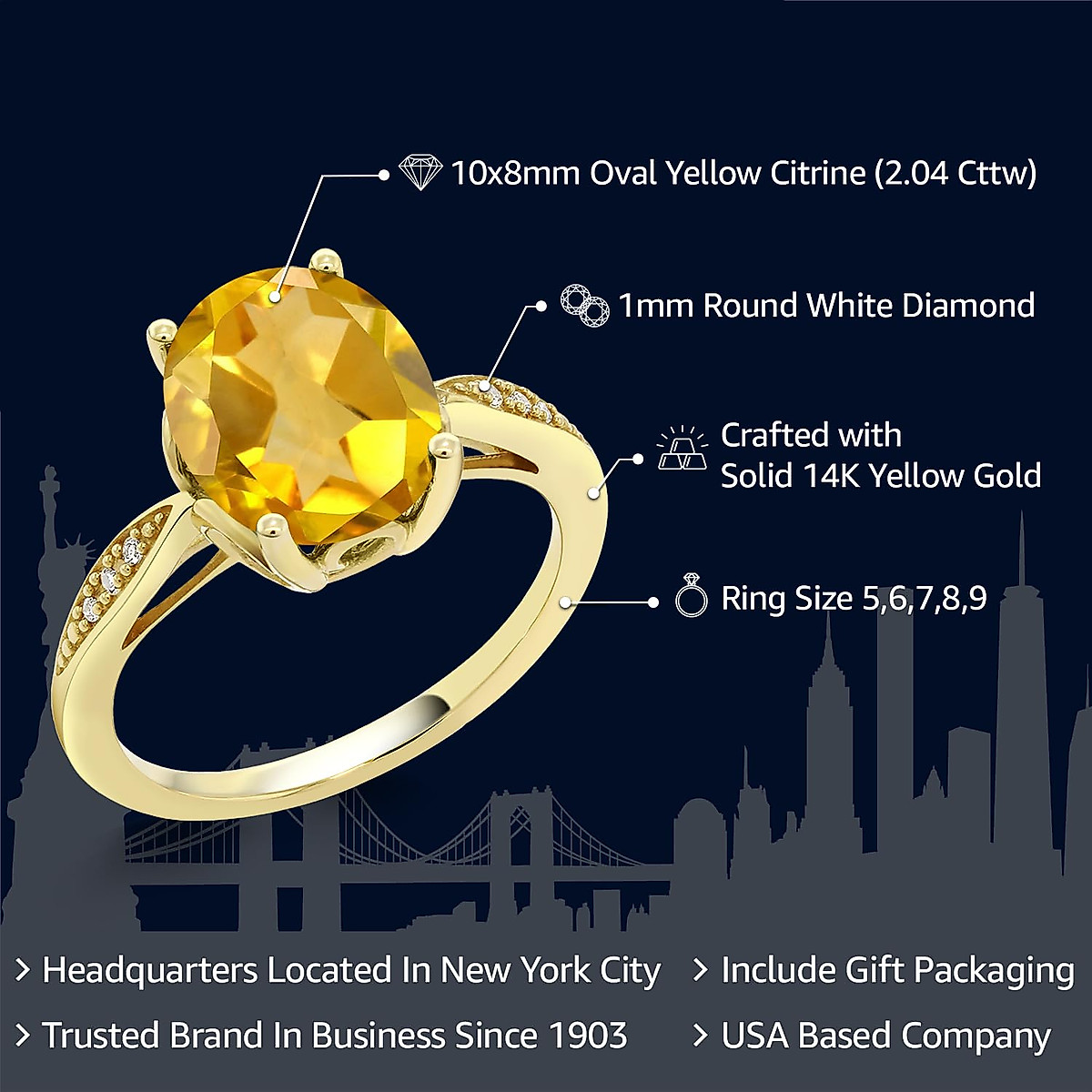 Gem Stone King 14K Yellow Gold 10X8MM Oval Gemstone Birthstone and White Diamond Engagement Ring | Wedding Anniversary Promise Gold Ring For Women | Size 5,6,7,8,9