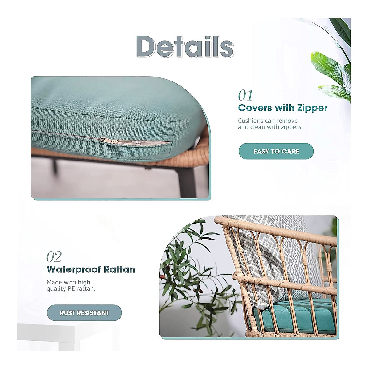 SWISH WEAVERS 3 Piece Patio Bistro Set Outdoor Furniture All-Weather Wicker Conversation Set with Tempered Coffee Table and Wicker Chairs for Garden Balcony Backyard Yard Poolside (Green)