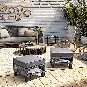 JOINHOM 2 Pieces Outdoor Patio Wicker Ottoman,Indoor Rattan Footrest Seat with Removable Comfortable Cushions, for Bedroom, Living Room,Balcony, Backyard, Garden
