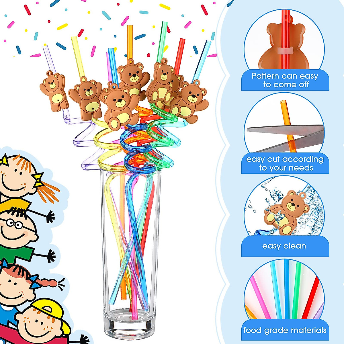 24 Pieces Bear Party Favor Bear Party Straws Reusable Bear Straws Kids Bear Drinking Straw for Bear Baby Shower Birthday Party Supplies with 2 Cleaning Brushes