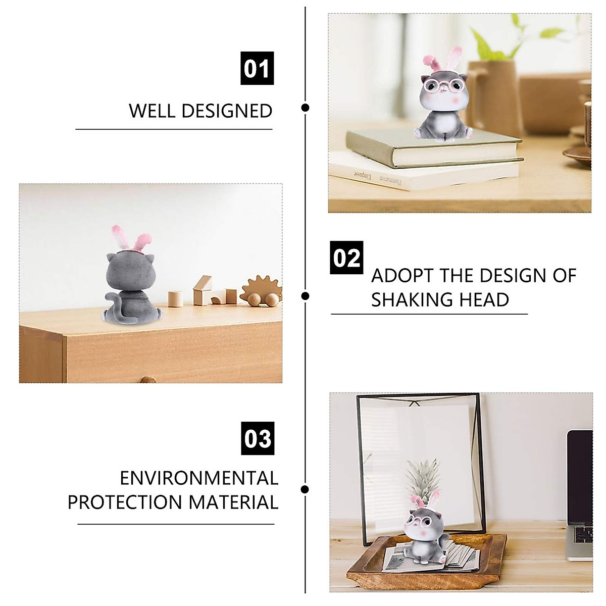 Amosfun Cat Bobblehead Ornaments Shaking Rabbit Ear Lucky Cat Figurines Animal Dancing Figure Toy Car Dashboard Decorations for Vehicle Home Office Desktop (Random)