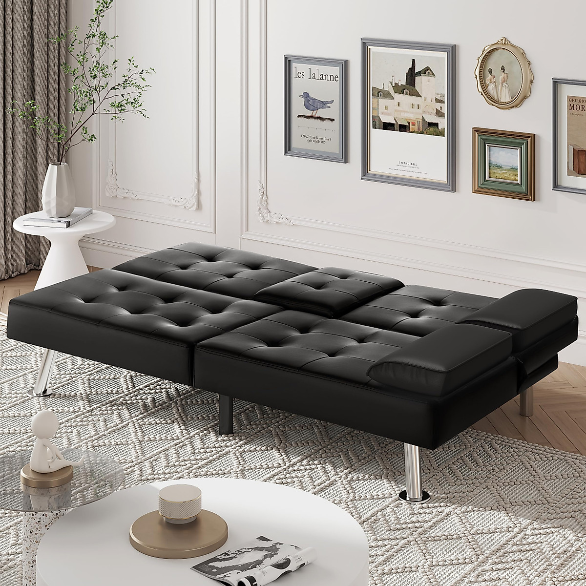 Furniwell Futon Sofa Bed Modern Faux Leather Sofa Couch for Living Room Convertible Folding Adjustable Recliner with 2 Cup Holders and Armrests (Black)