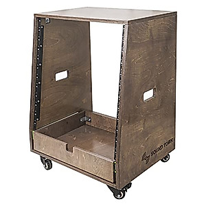 Sound Town 12U DIY Solid Baltic Birch Plywood Slanted Studio Rack with 12U Rack Space, Extra 2U Drawer, Rubber Feet, Casters, Weathered Brown (SDRK-12TBD2)