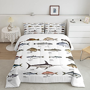 Bass Fish Comforter Set for Boys Girls Farmhouse Fishing and Hunting Theme Bedding Set, Samll Fish Pattern Duvet Insert Big Pike Fishing Quilt Fishing Lures Hook Hunting Quilted Duvet Twin Size