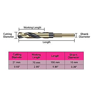 Reduced Shank Twist Drill Bits, 21 mm Cutting Diameter High Speed Steel, Gold and Black Coated Drilling Bits, 10mm Dia. 3-Flats Reduced Shank Twist Drill (21 mm)