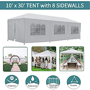 U-Kiss 10x30ft Canopy Party Wedding Patio Event Tent, Garden Outdoor Gazebo BBQ Shelter with 8 Removable Sides, Waterproof Foldable, Upgrade Thicken Steel Tube (10' x 30' with 5 sidewalls)
