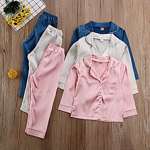 Kids Baby Girl Boy Satin Pajamas Set Button Down Sleep Shirt Top+Long Pants Bottoms Sleepwear Loungewear Clothes (W Pink, 4-5 Years)