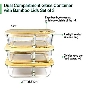 Urban Green Glass Container with Wood Lid, Glass food storage Container with Lids, Glass Meal Prep Containers Set, Glass Containers set (Natural-Bamboo- 3p)