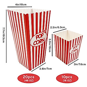 SNAIL GARDEN 30 Pcs Popcorn Boxes, 20Pcs 46oz&10Pcs 16oz Movie Night Snack Bucket, Red/White Food Container,Disposable Paper Box,Durable Cardboard Boxes For Family Party Picnic Festivals Decoration