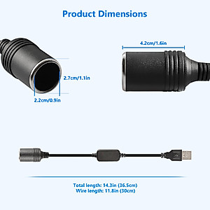 BXIZXD 2-Pack USB A Male to 12V Car Cigarette Lighter Socket Female Converter Cable, Suit for Driving Recorder, Dash Cam and Other Automotive Electronics (8W Max) - 1.2ft
