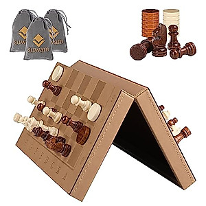 Magnetic Chess Sets - Chess & Checkers Board Game, suwam Portable Travel 12" Leather Chess Board Games, Beginner Large Chess Set for Kids and Adults