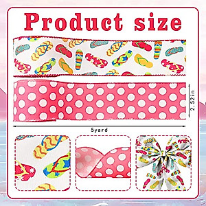 Hying 2 Rolls Summer Slipper Ribbons Wired for Wreath Bows Wrapping Gifts, Beach Slipper Dots Ribbon for Gift Wrapping Birthday Party Decoration DIY Crafts 2.5" X 10 Yards Rose Dots Wired Edge Ribbon