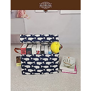 HUNRUNG Storage Boxes with Lids Rectangle/Square Storage Bins，Storage Basket Cute Canvas Organizer Bin for Pet/Children Toys, Books, Clothes Perfect for Rooms（Rec-Blue Whale-with lid）