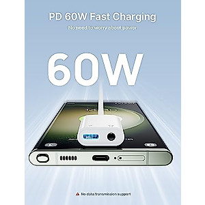 JSAUX USB C to 3.5mm Headphone and Charger Adapter, 2 in 1 USB Type C to Aux Audio Jack with PD 60W Fast Charging Dongle for Stereo Earbuds Compatible with Samsung S23/S22, iPad Pro Air, Pixel 7/6/5/4