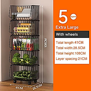 TYRHMY Kitchen Fruit Rack Vegetable Stand Cart on Wheels with Large Metal Baskets, Utility Storage Shelf Rolling Cart Kitchen Organizer Rack 5 Tier Shelves Multipurpose Organizer Shelf,Extra Large