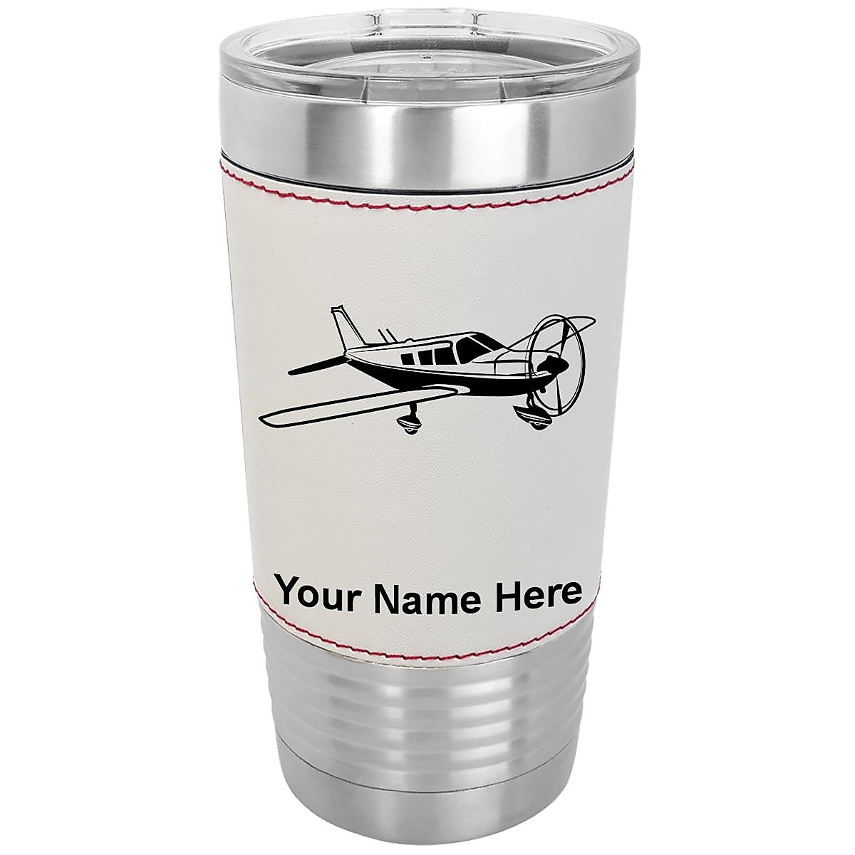LaserGram 20oz Vacuum Insulated Tumbler Mug, Low Wing Airplane, Personalized Engraving Included (Faux Leather, Baseball Style)
